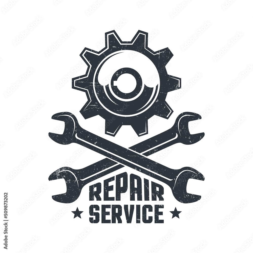 Mechanical repair workshop - retro logo with gear and wrenches. Spanner and gear wheel - vintage ...