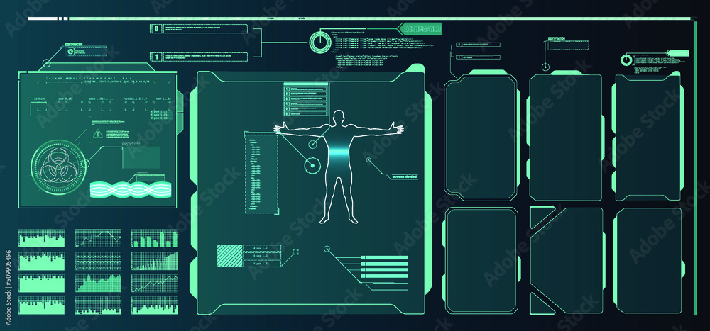 Modern medical examination HUD style. Human body scan ( Anatomy, Ecg ...