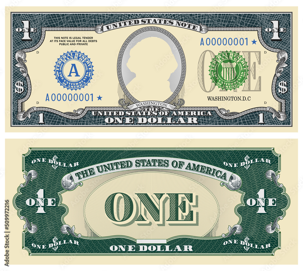 Fictional template obverse and reverse of US paper money. One dollar ...