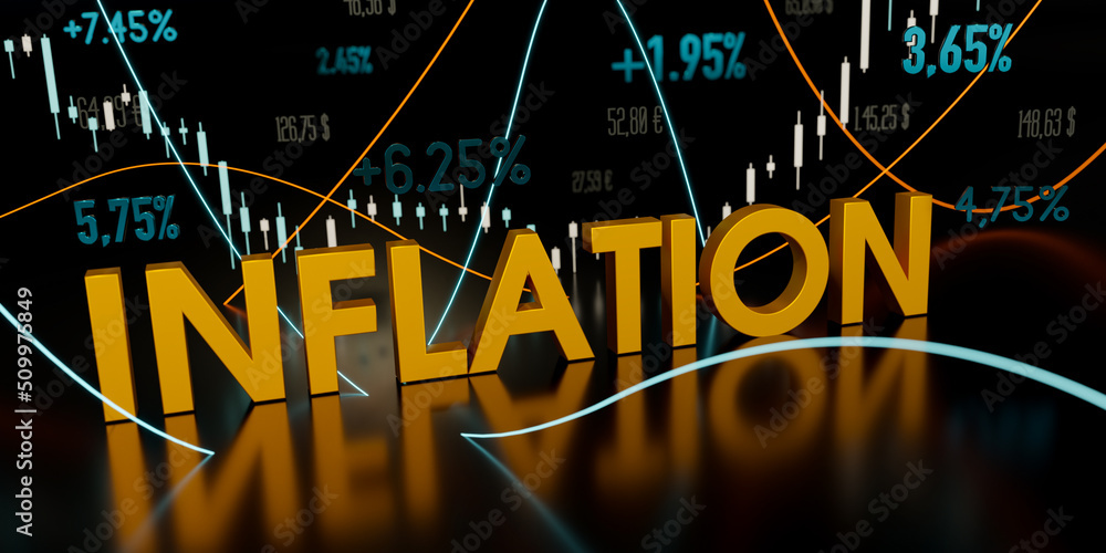 Inflation rises. The word inflation in golden letters. Chart, lines ...