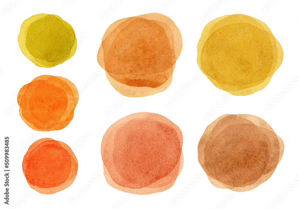 Collection of watercolor circles in warm natural colors. Shapes with a ...
