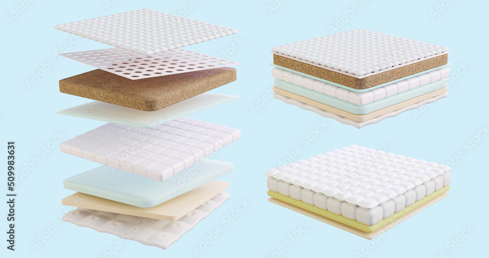 3d illustration mattress without springs, memory effect composition ...