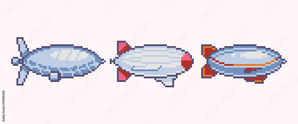 Airship pixel art set. Zeppelin collection. 8 bit sprite. Game ...