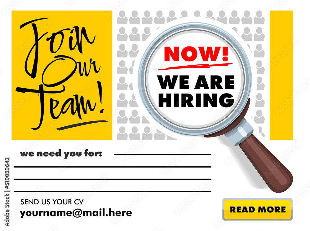 We are hiring. Recruitment advertising template with loupe magnifying ...