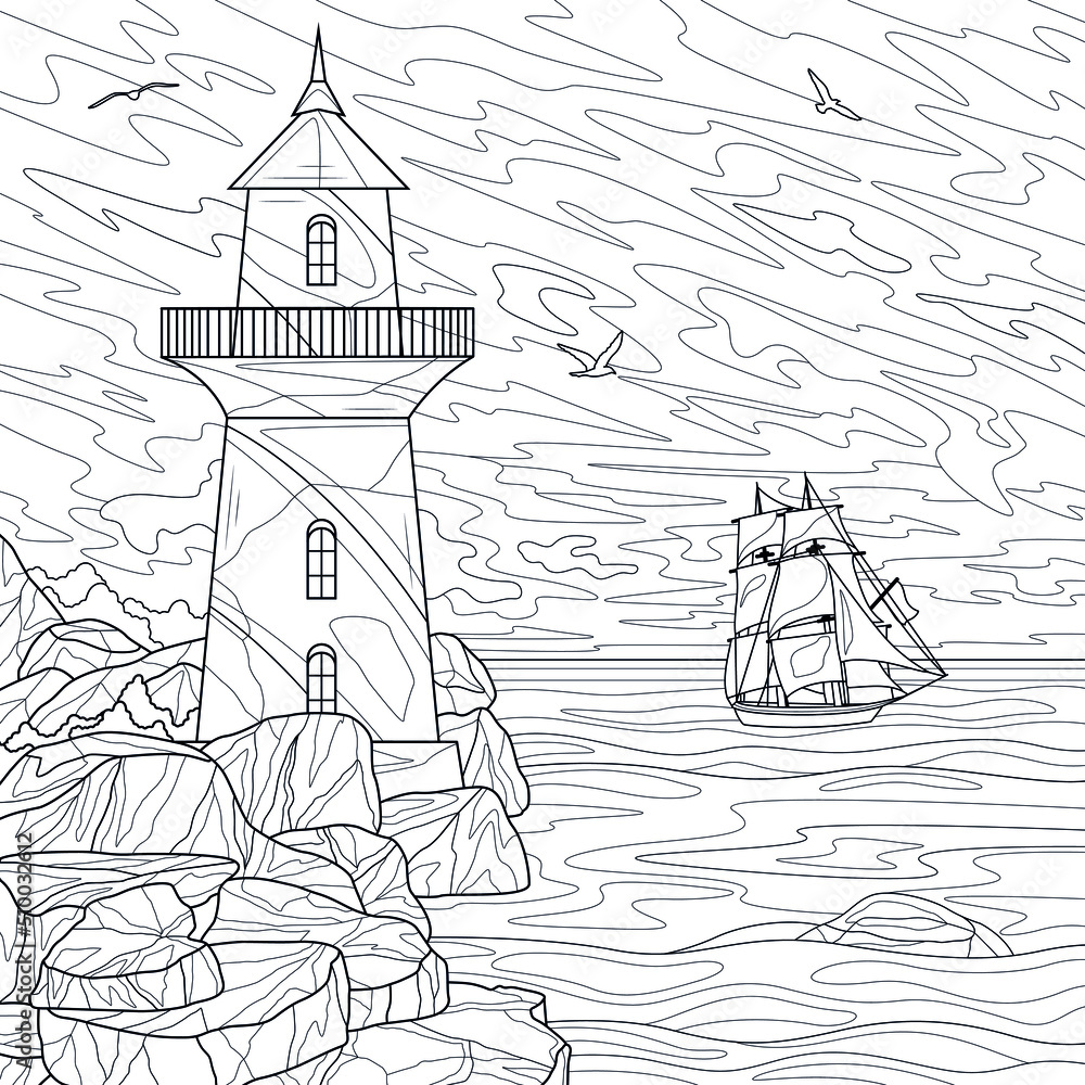 Lighthouse and ship.Landscape.Coloring book antistress for children and ...