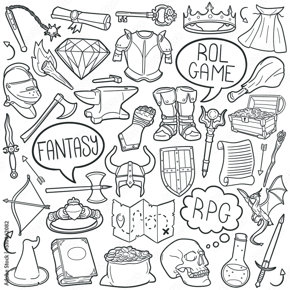 Role Doodle Icons. Hand Made Line Art. Fantasy Clipart Logotype Symbol ...