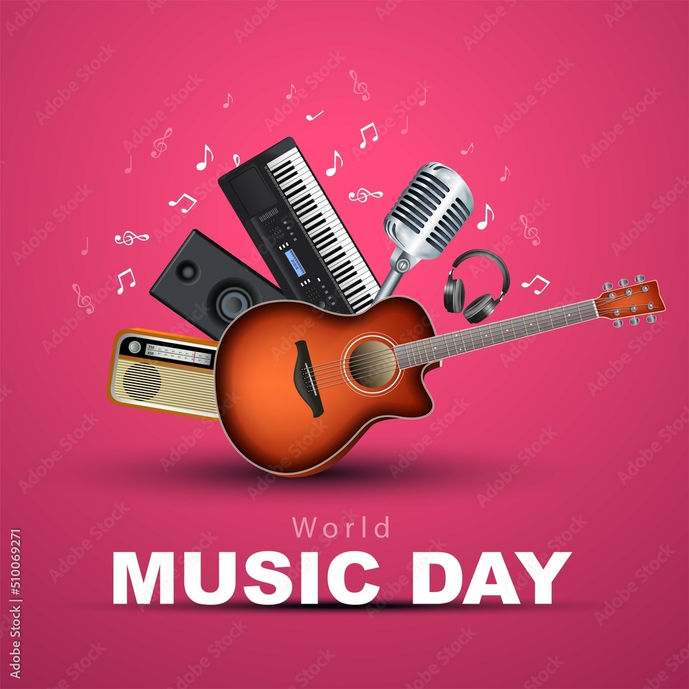 happy world music day and musical instruments with pink background. vector illustration design ...