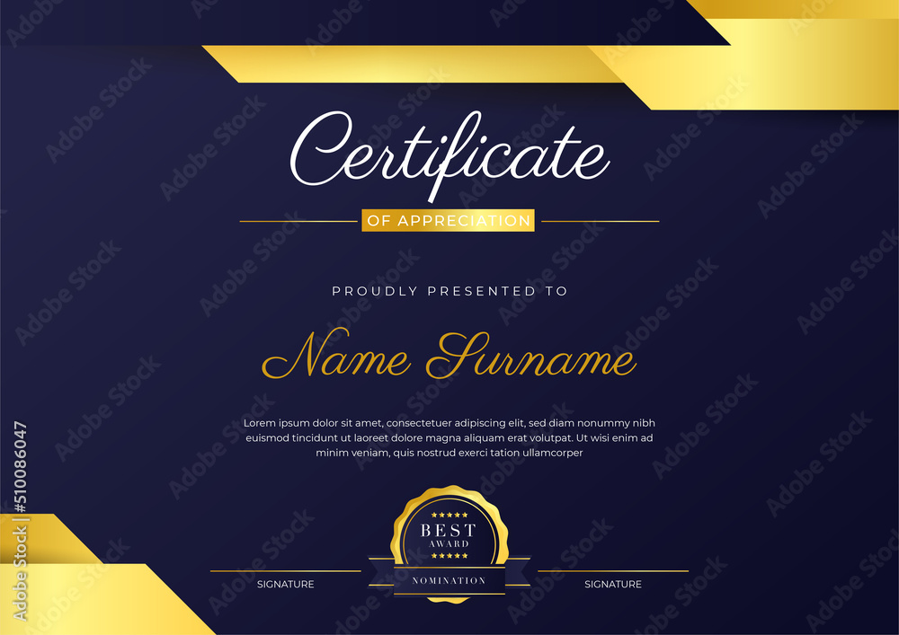 Vector de Stock Blue and gold certificate of achievement template with gold badge and border ...