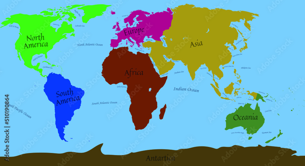 Map of Continent Asia Europe Africa Antarctica Oceania North America ...
