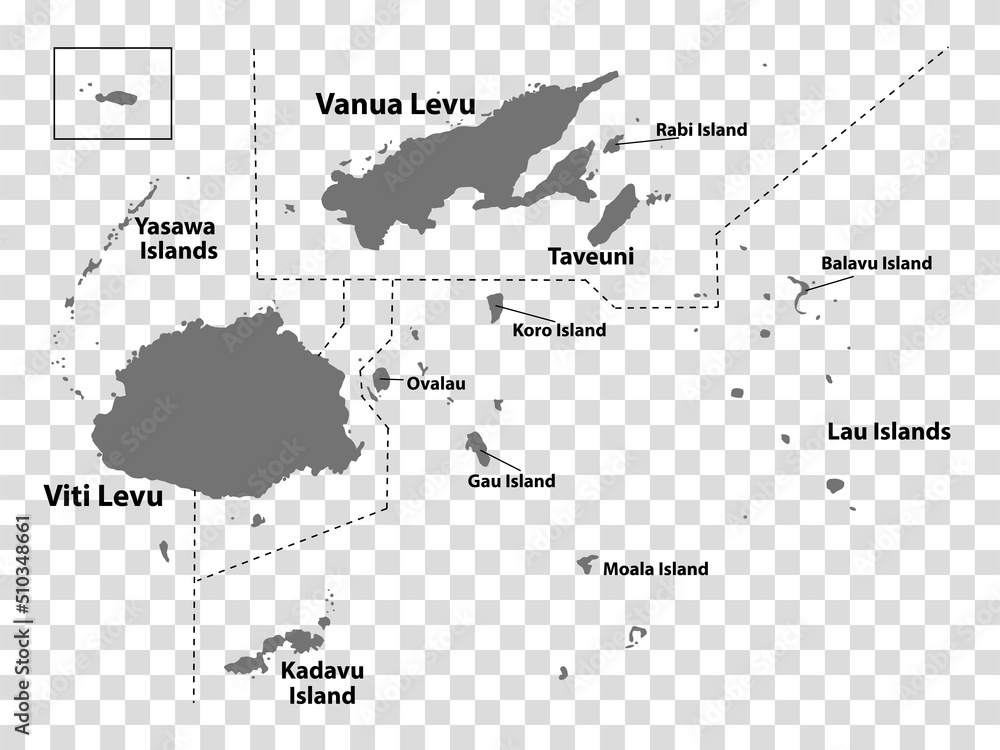 Blank map Fiji in gray. Every Island map is with titles. High quality map of Fiji with districts ...