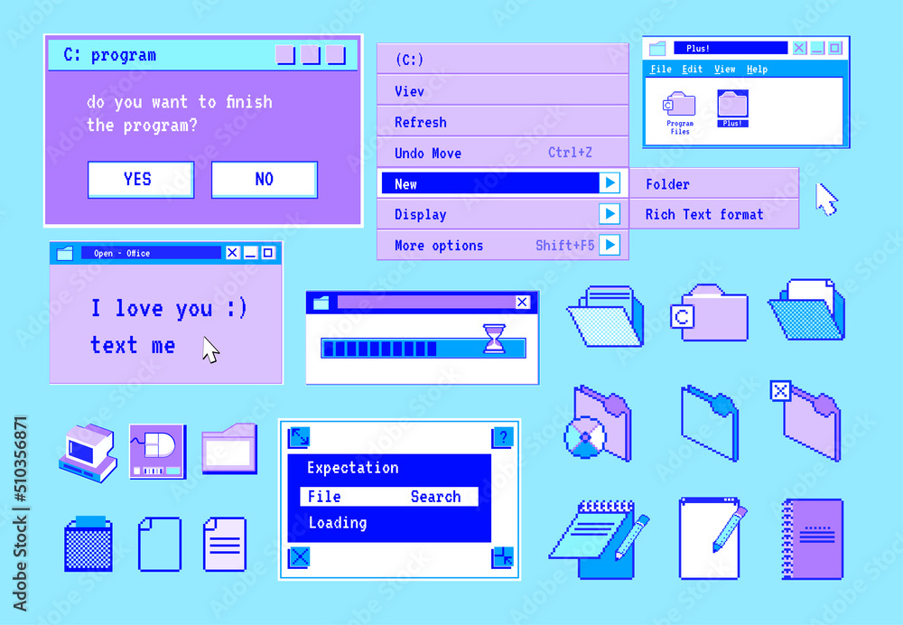 Retro computer windows. Popup 90s interface online messages. Folder and ...