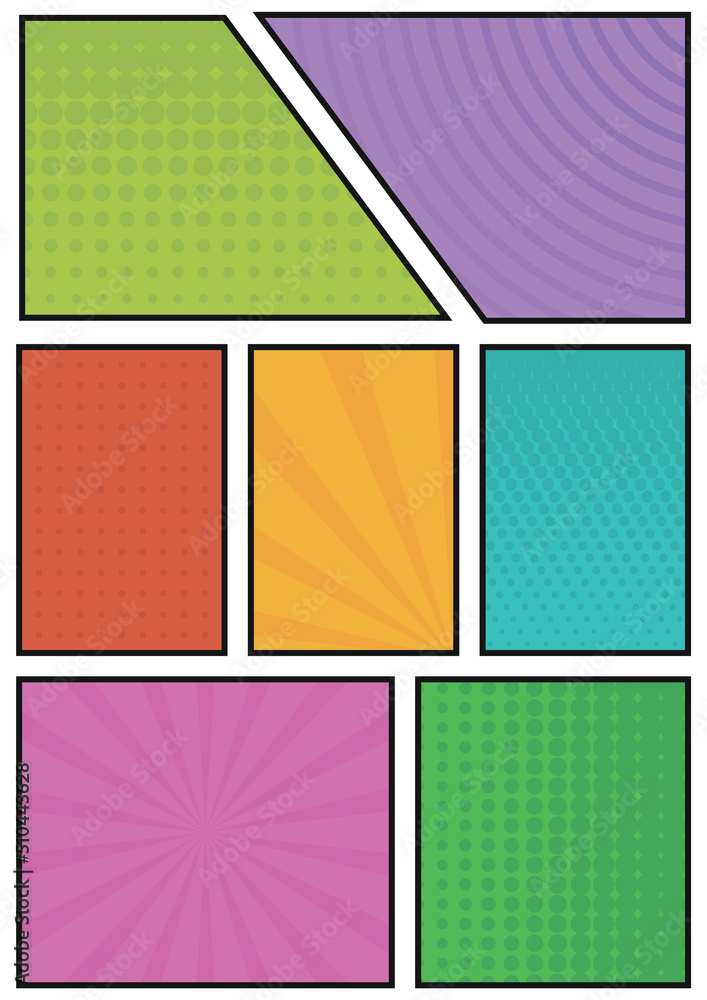 Comic background size A4. Colorful comic panels layout with rays, dots ...