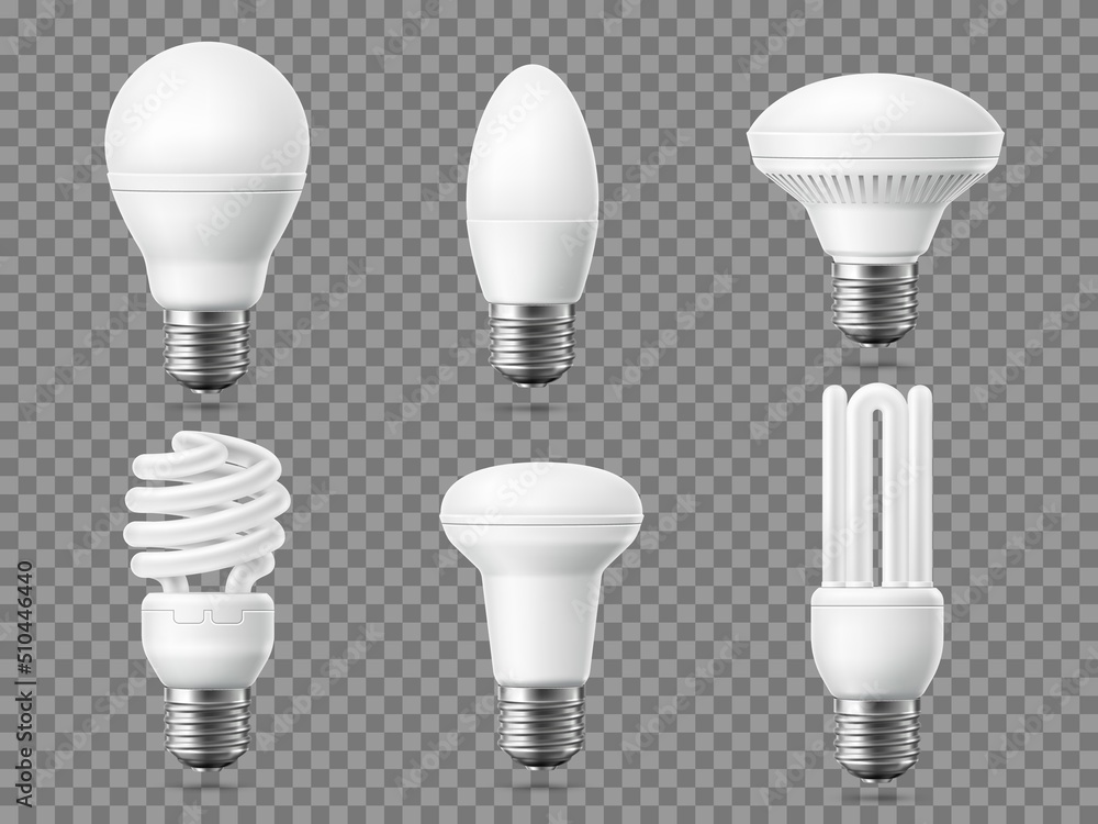 Realistic led light bulb. Modern energy saving lamps, 3d fluorescent ...