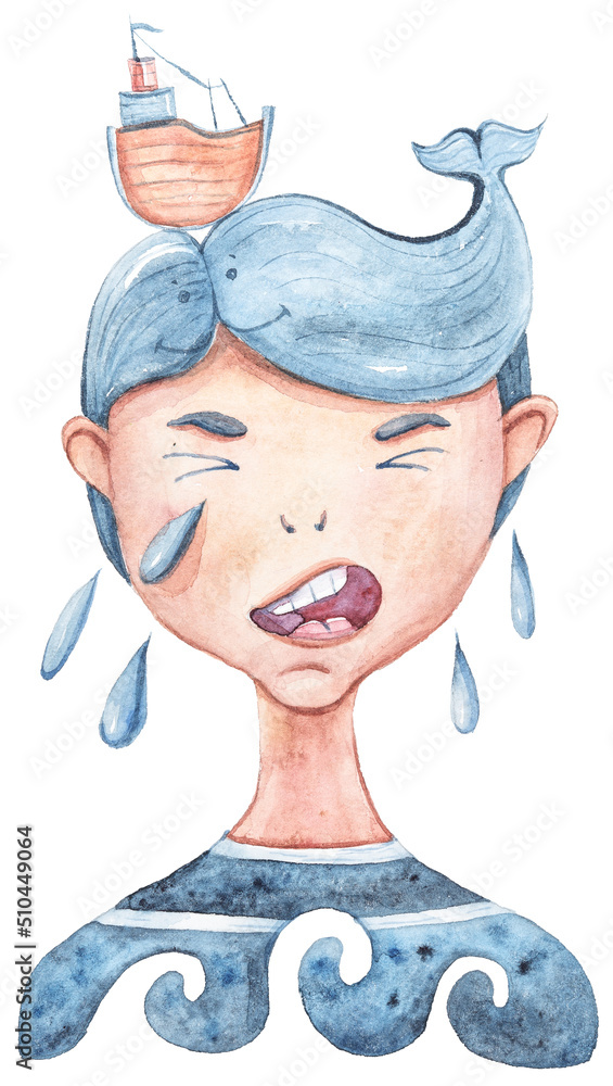 Watercolor sea man cute illustration. Nautical clipart for prin ...