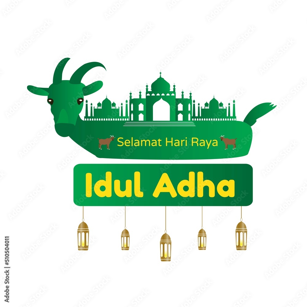 Eid al-Adha greeting card with mosque and sheep. Happy Eid Al-Adha ...
