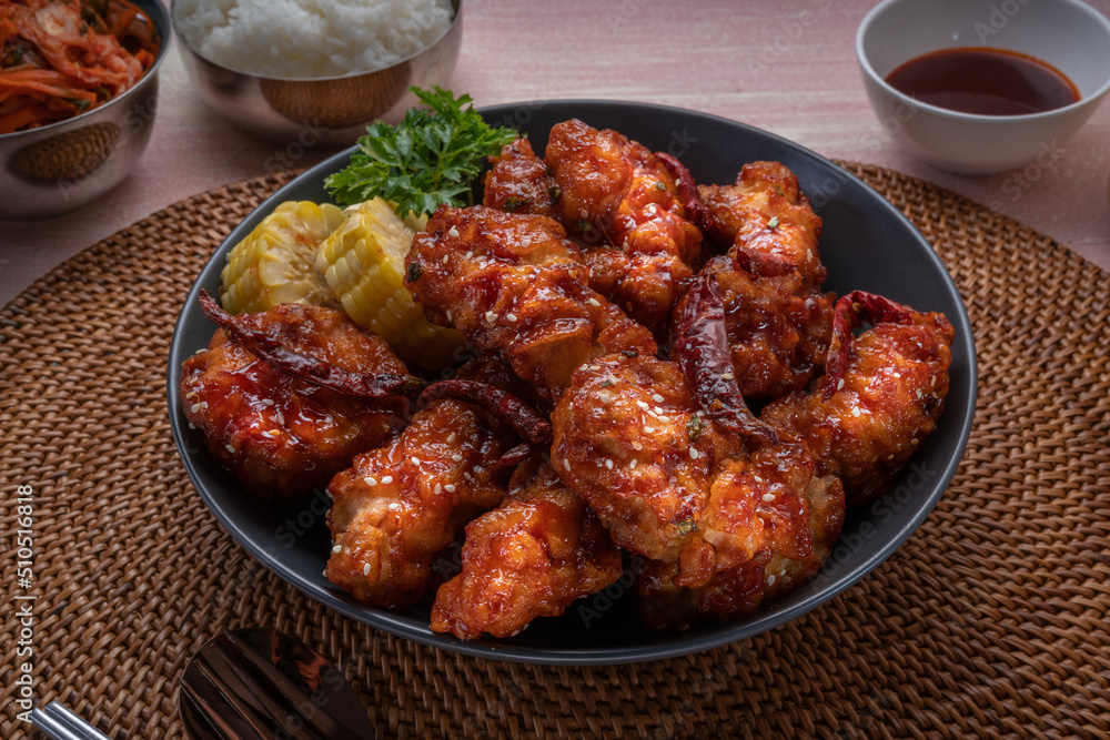 Gang Jeong chicken or crispy and tender Korean fried chicken smothered ...