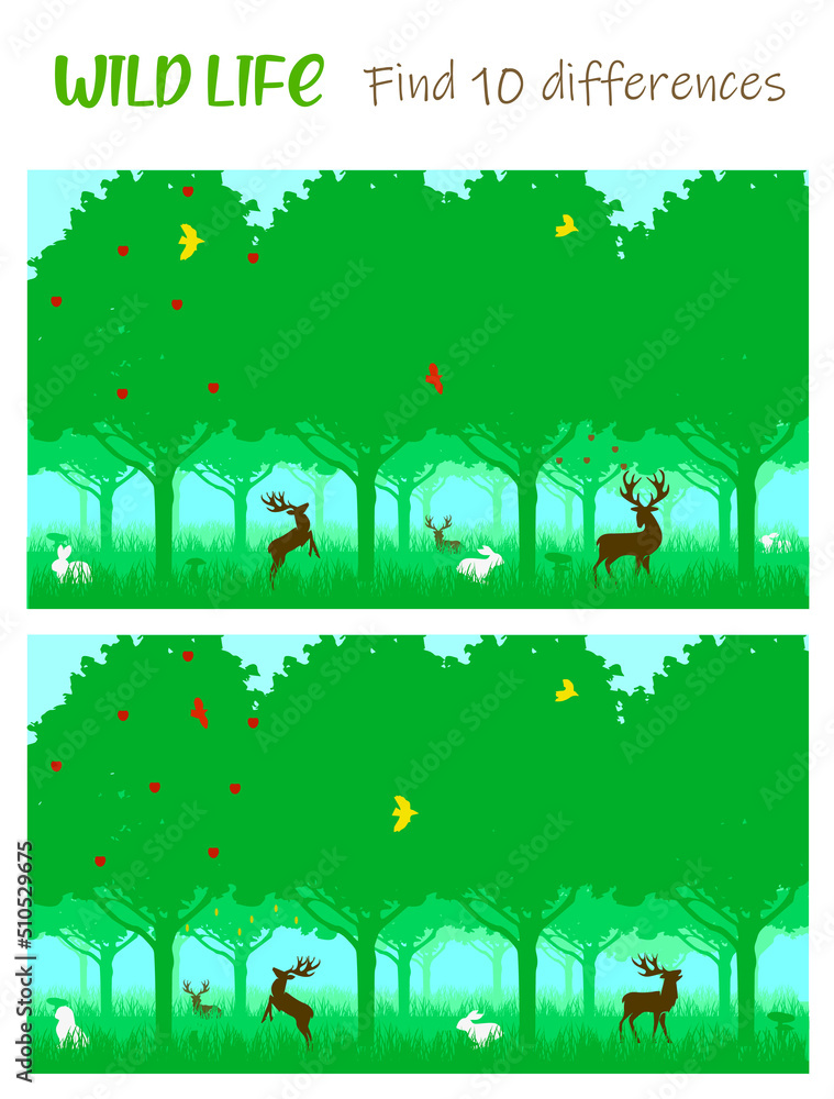 Wild animals in the forest. Deer around the tree, rabbits run, birds ...