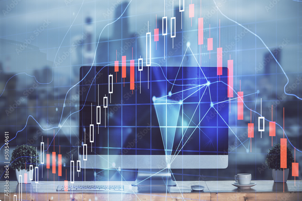 Stock market graph and table with computer background. Multi exposure ...