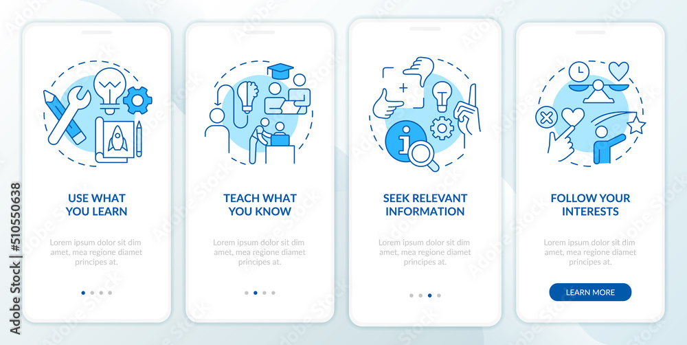 Practical Learning Techniques Blue Onboarding Mobile App Screen Walkthrough 4 Steps Editable
