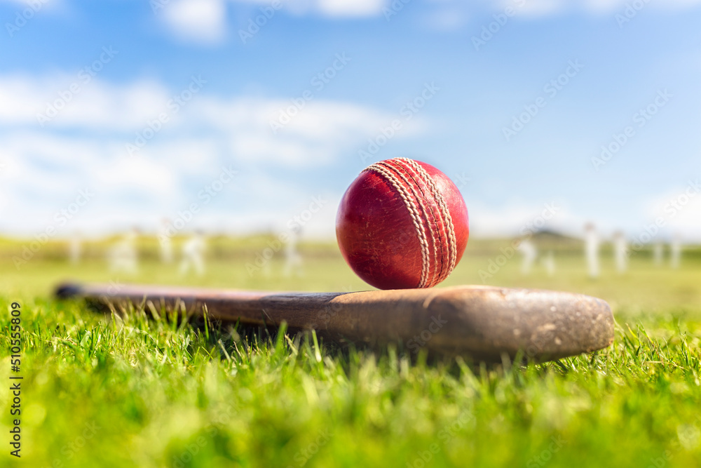 Foto de Stock Cricket ball on top of cricket bat on green grass of ...