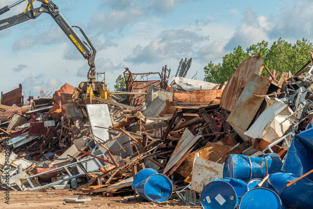 Processing industry, a pile of old scrap metal, ready for recycling ...