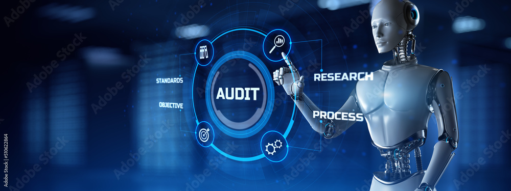 Audit Robotic process automation RPA concept. Robot pressing button on screen 3d render. Stock ...