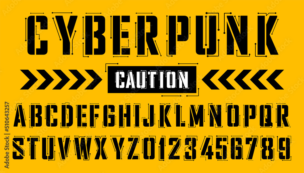 Cyberpunk technological font. Tech letters and numbers. Futuristic ...