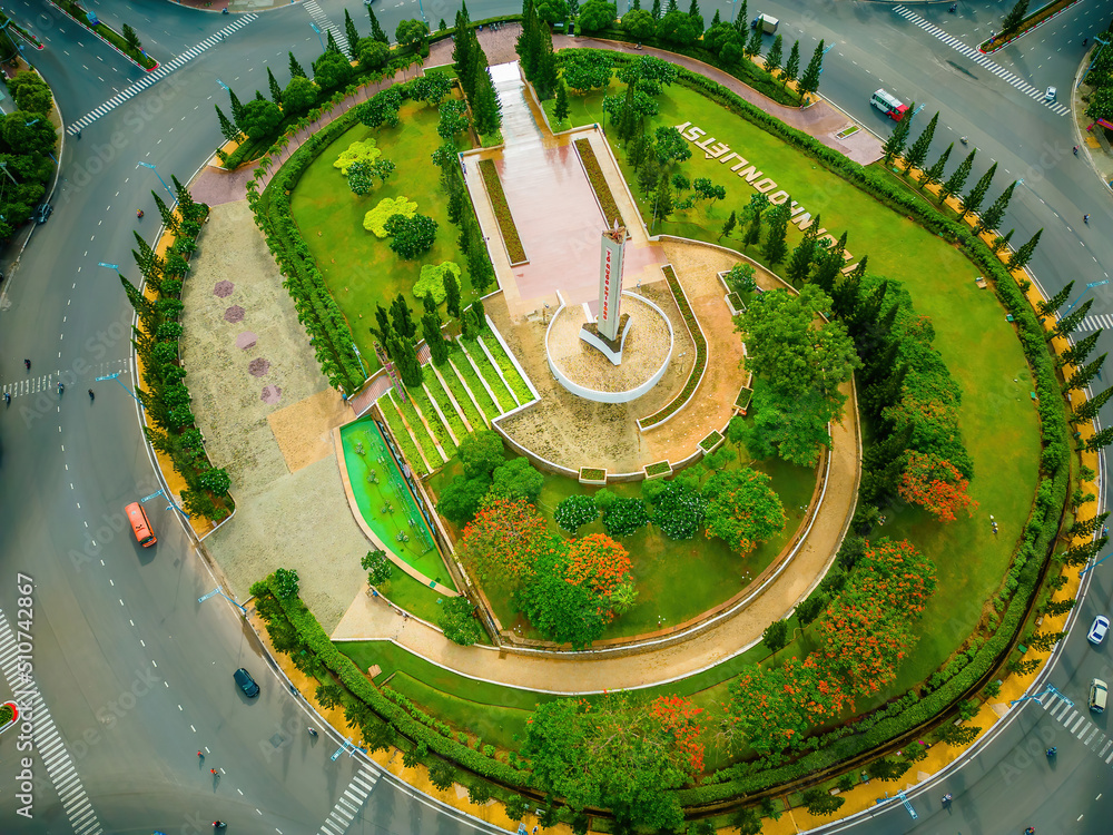 Vung Tau view from above, with traffic roundabout, house, Vietnam war ...
