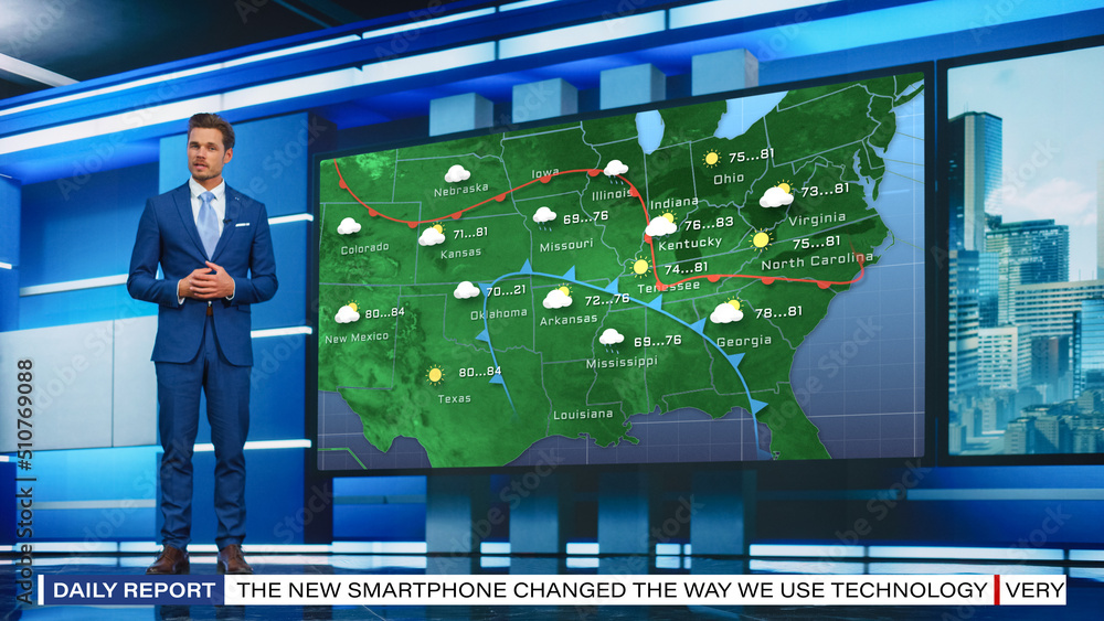TV Weather Forecast Program: Professional Television Host Reviewing ...