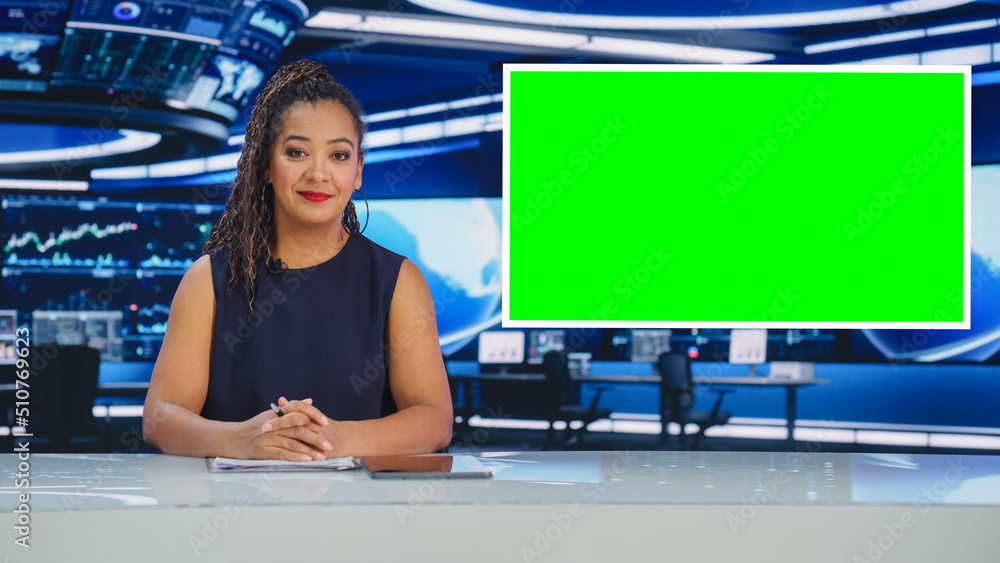 Newsroom TV Studio Live News Program: Caucasian Female Presenter ...