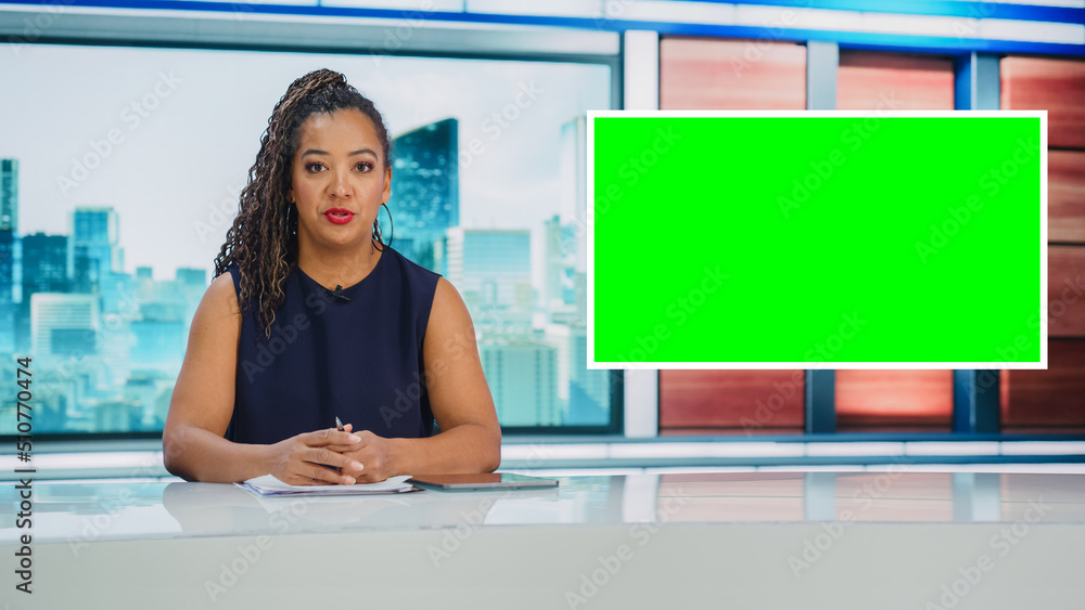 TV Studio Live News Program: Black Female Presenter Reporting, Green ...