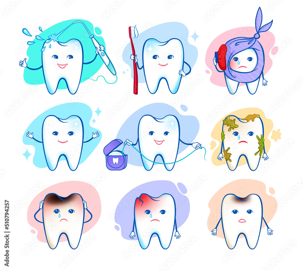 Vector set of cute cartoon tooth characters Stock Vector | Adobe Stock