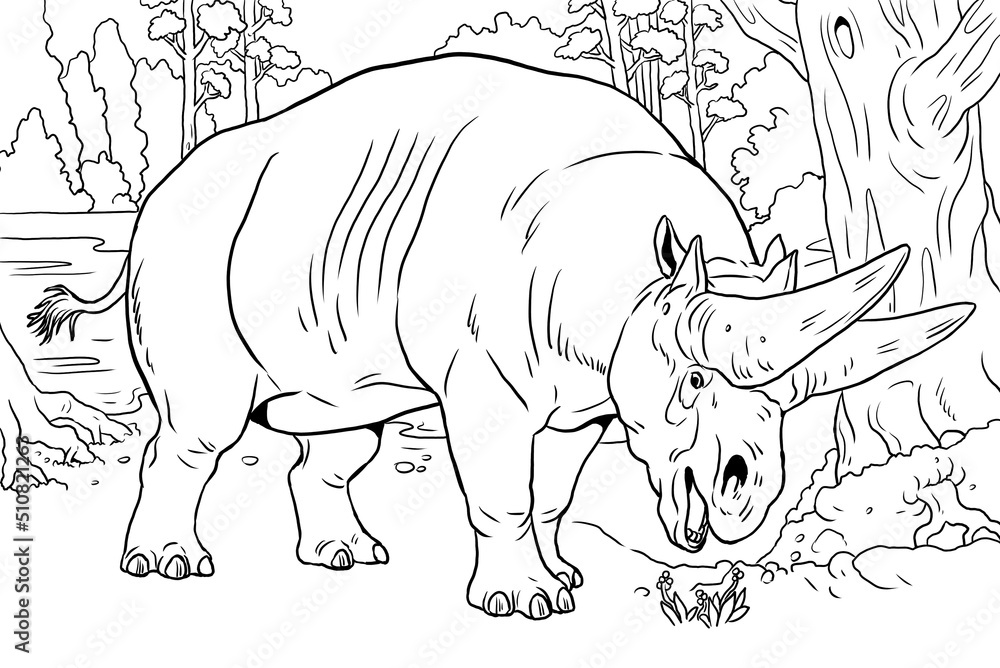 Prehistoric rhino arsinoitherium. Drawing with extinct mammals ...