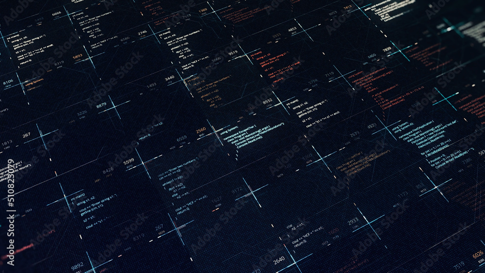 Multiple source codes on digital background. Animation. Program codes in cells of computer's ...