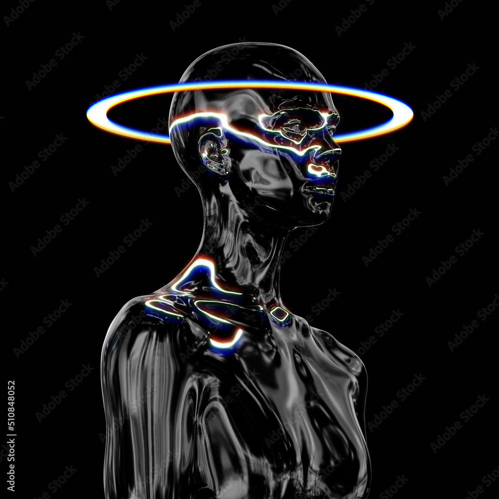 Abstract illustration from 3D rendering of shiny chrome material female ...