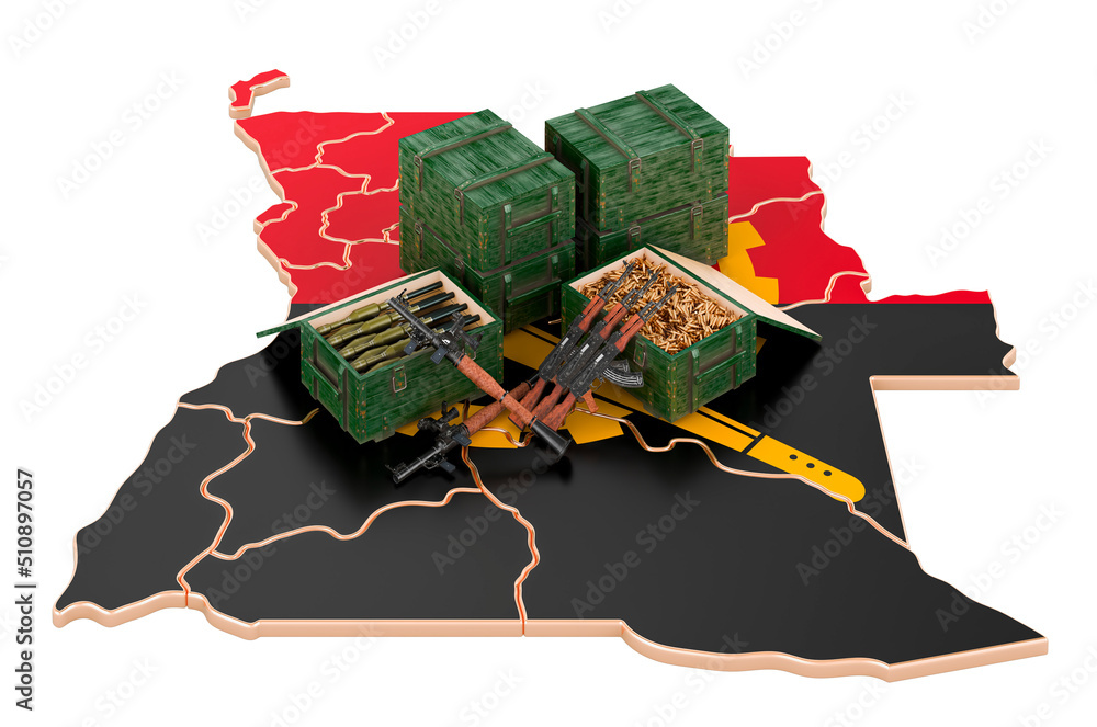 Angolan map with weapons. Military supplies in Angola, concept. 3D ...