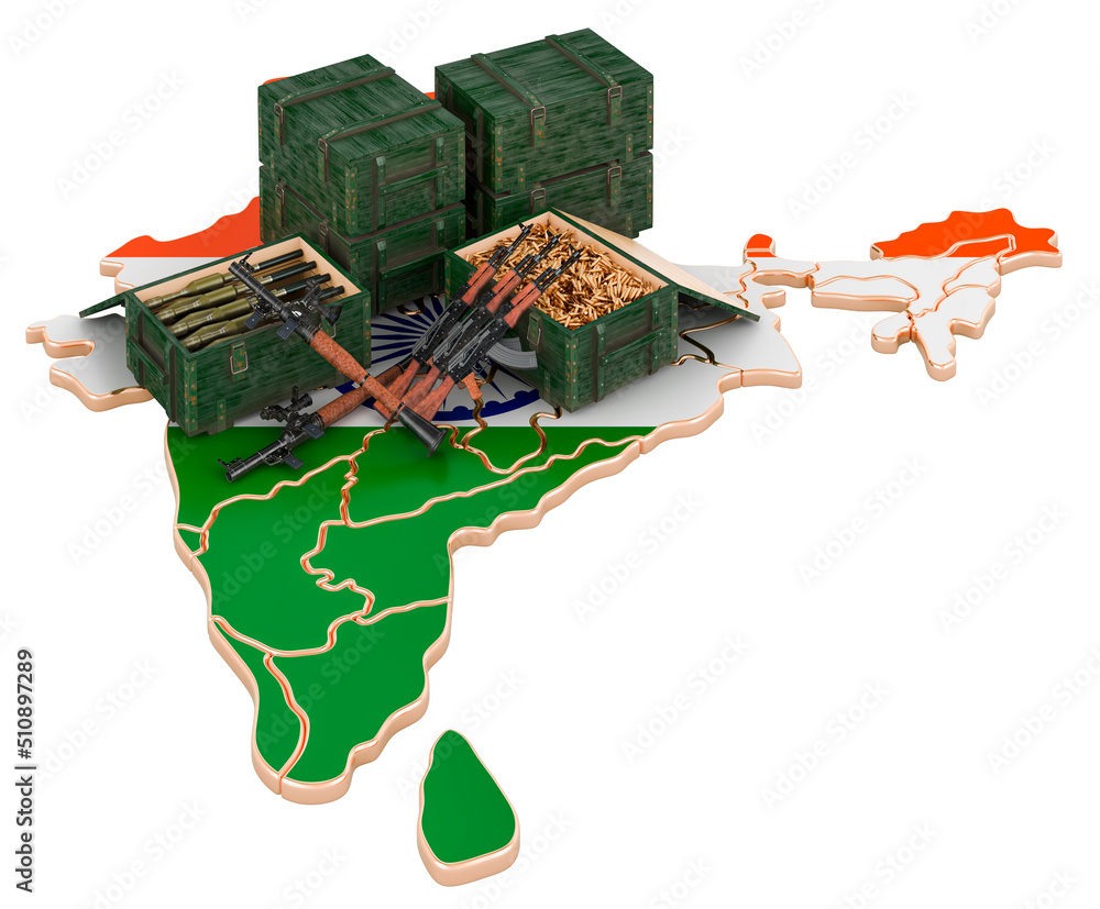 Indian map with weapons. Military supplies in India, concept. 3D ...