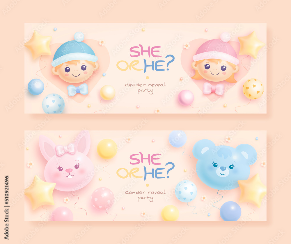 Vektor He or she. Cartoon gender reveal invitation template. Set of ...