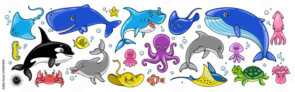 Set of sea animals isolated on a white background. Children's vector ...