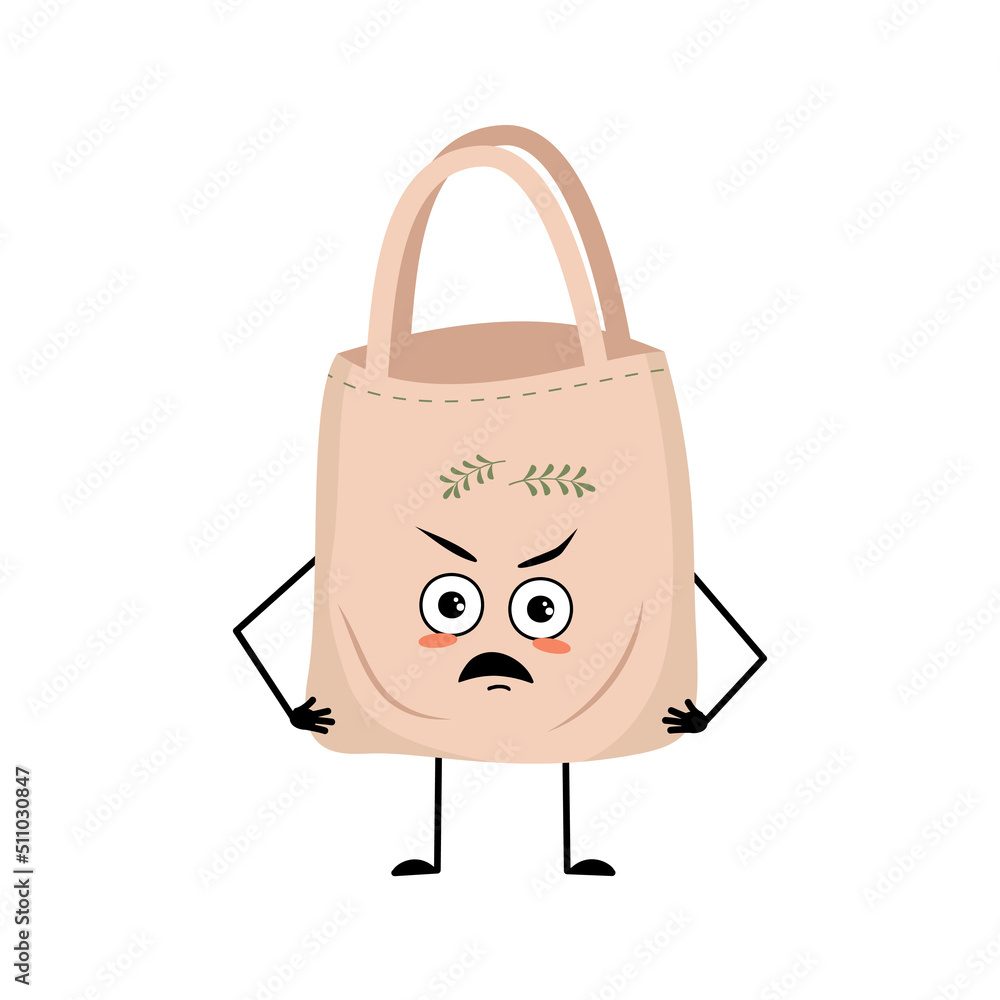 Cute character fabric bag with angry emotions, grumpy face, furious ...