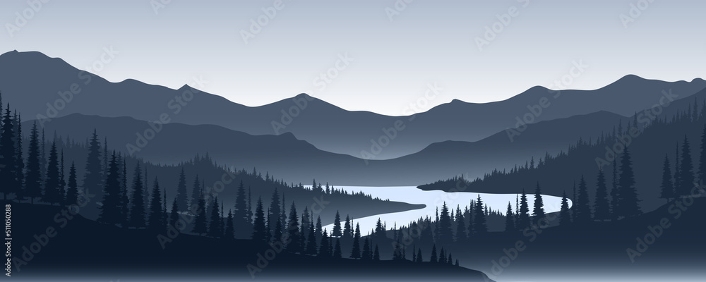Nature background vector illustration, mountain and river landscape ...