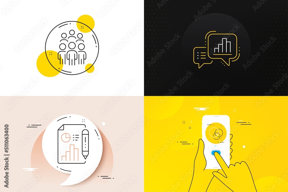 Vector de Stock Minimal set of Report document, Graph chart and Group people line icons. Phone ...