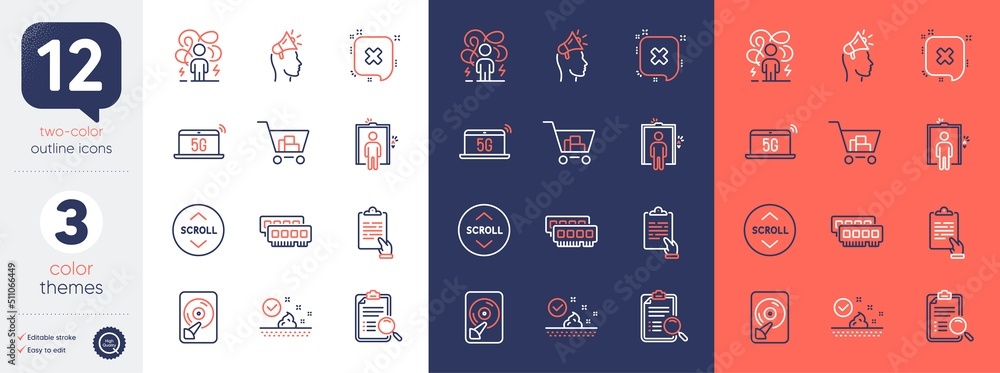 Set of Brand ambassador, Hdd and Scroll down line icons. Include Clipboard, Reject, Search ...