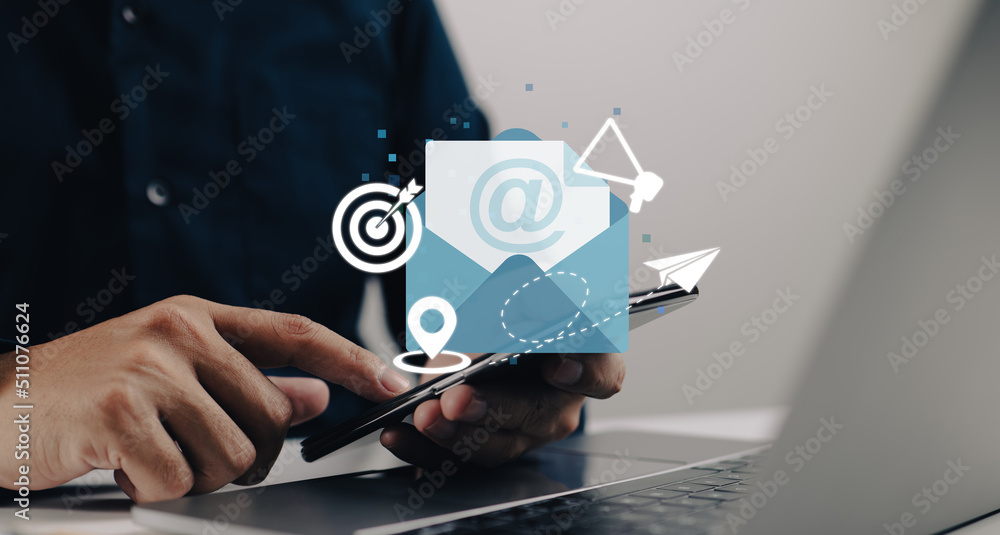The concept of email marketing. advertising medium, customers to target ...