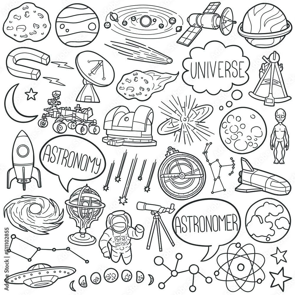 Astronomy Doodle Icons. Hand Made Line Art. Space Astronaut Clipart ...