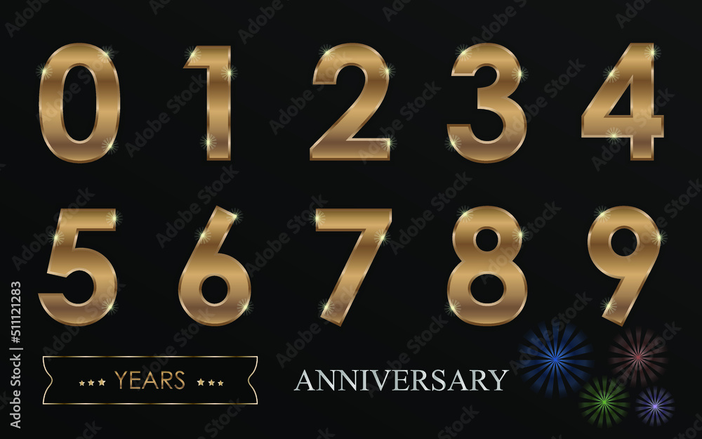 Golden numbers. Set of numbers for birthday. Numbers with fireworks ...