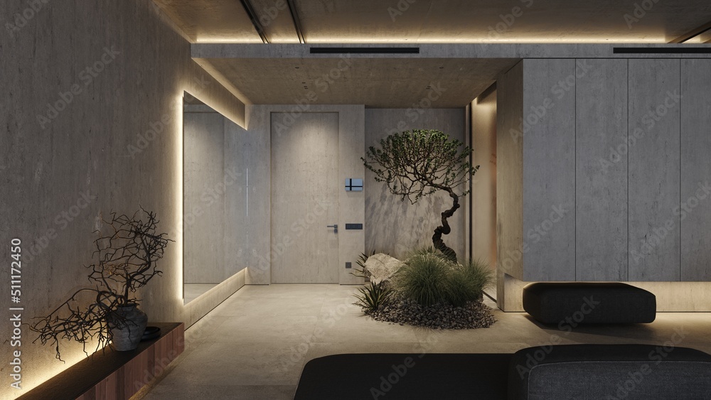 Loft industrial entry room interior design 3d rendering with concrete ...