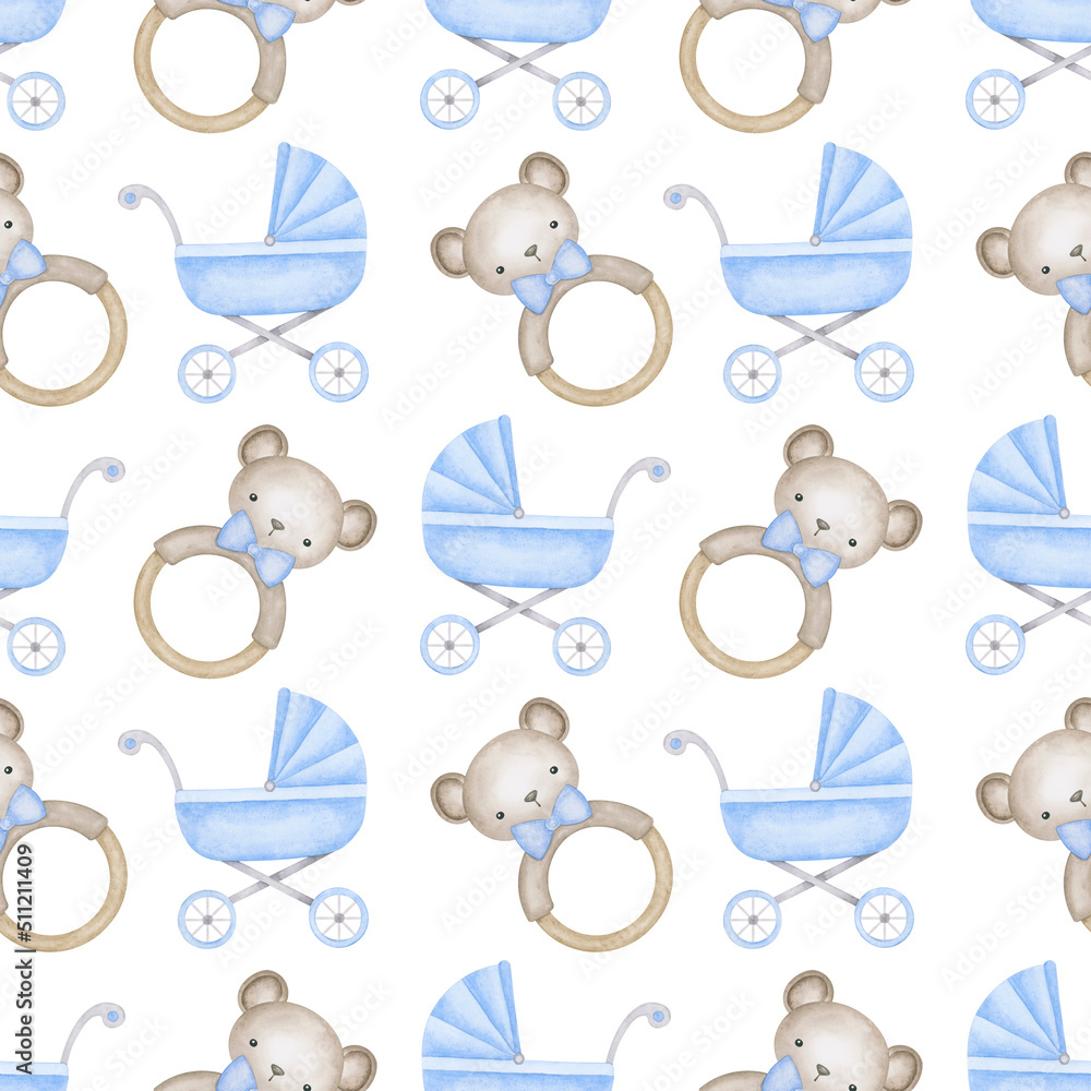 Newborn baby boy blue stroller and teddy bear teether background ...