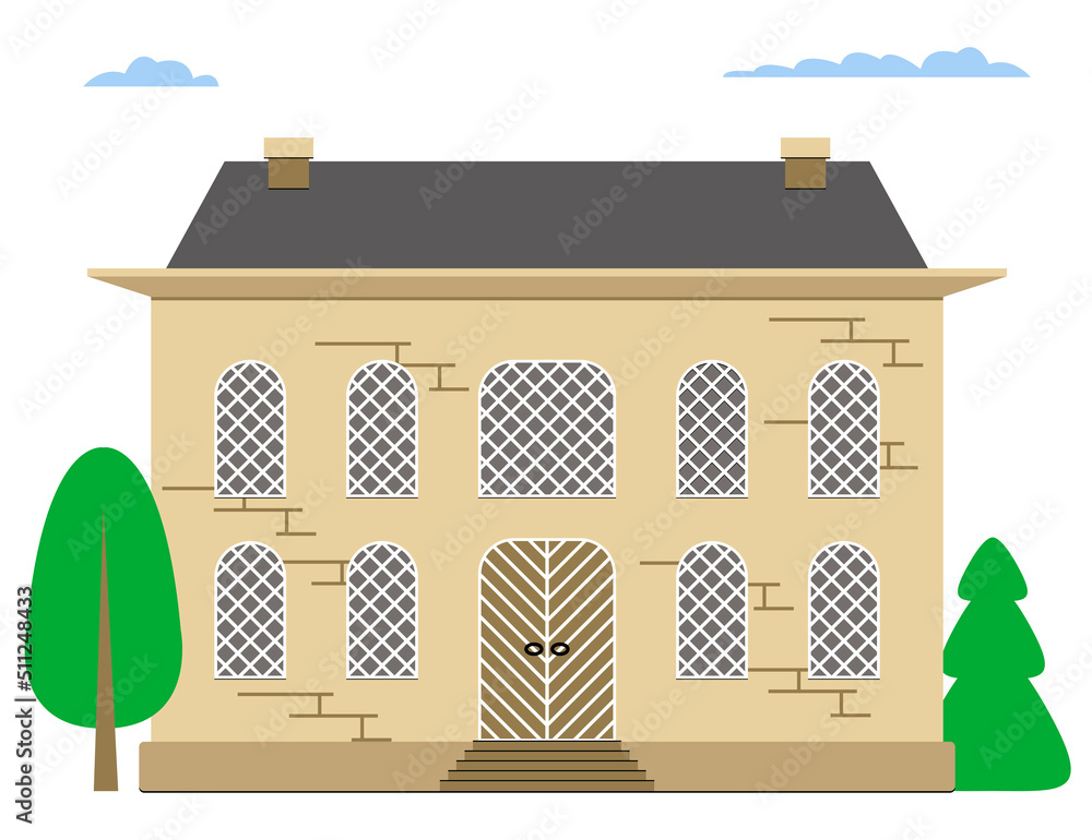 Raster graphics - a two-story stone cottage with arched windows with ...