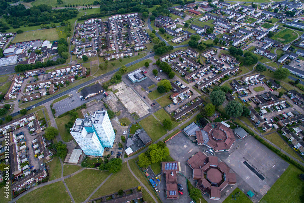 Arial view of suburban residential tower block with flammable cladding. Padstow House ...